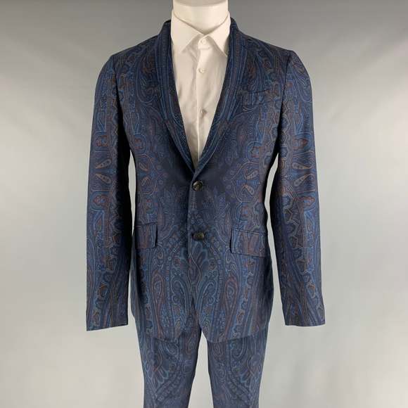 Etro | Suits & Blazers | Etro Chest Navy Blue Paisley Wool Notch Lapel ...